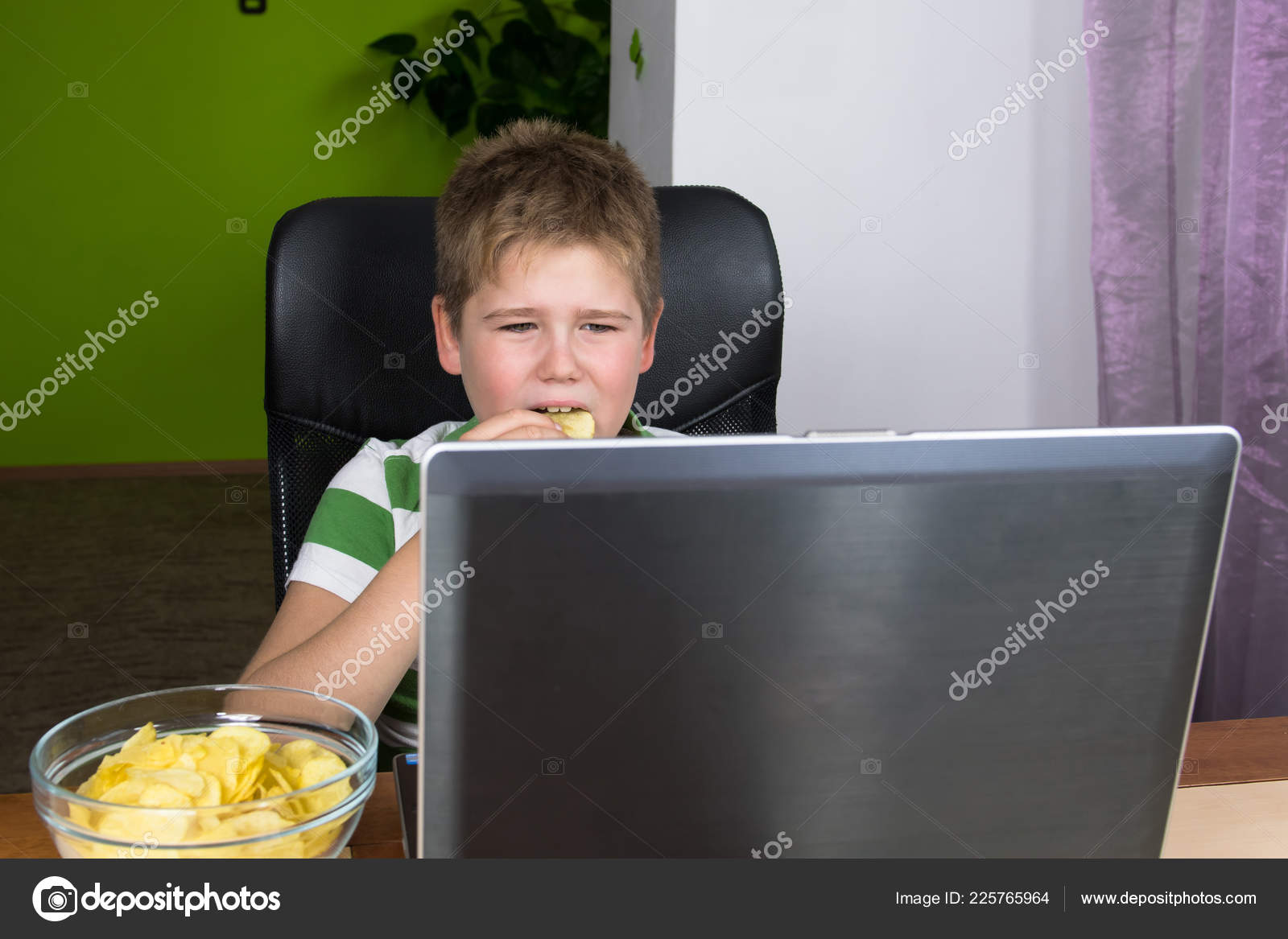Obese Little Boy Sitting Computer Eating Chips — Stock Photo ...