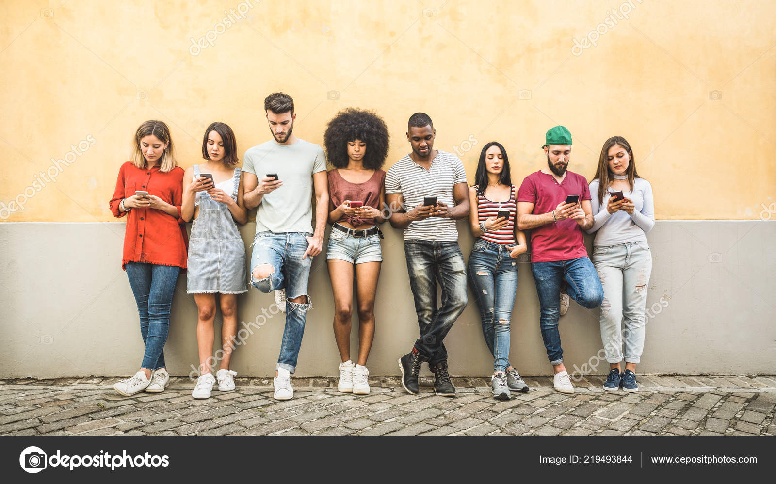 Multiracial Friends Using Smartphone Wall University College Backyard