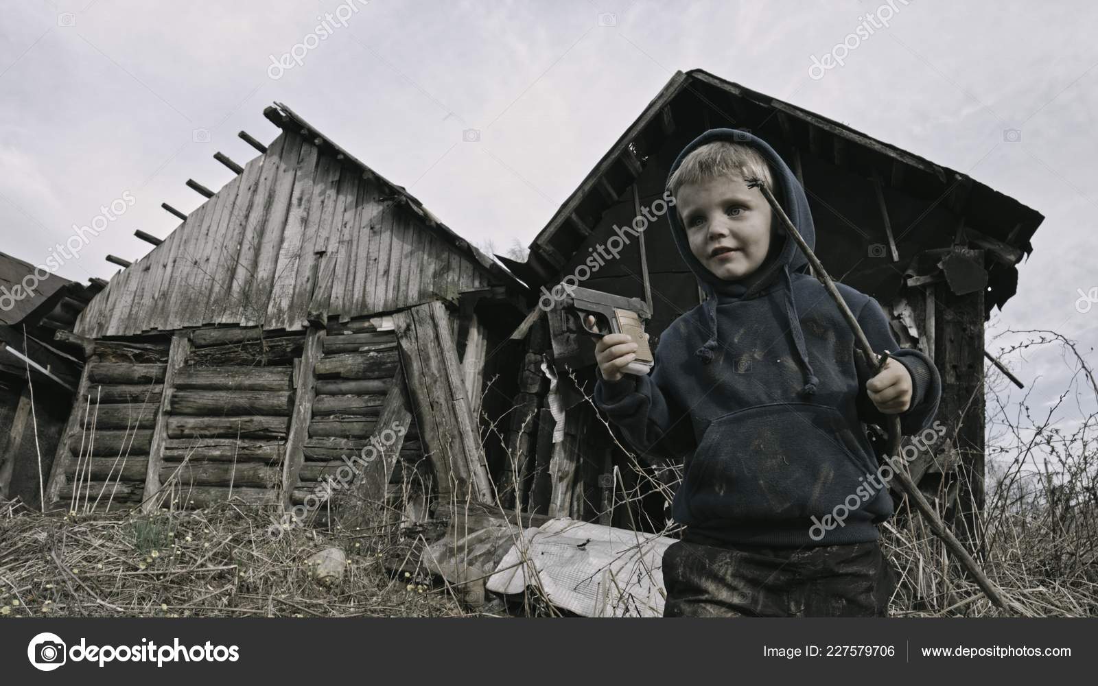 Homeless Caucasian Boy Playing Gun Abandoned Village Stock Photo by ...