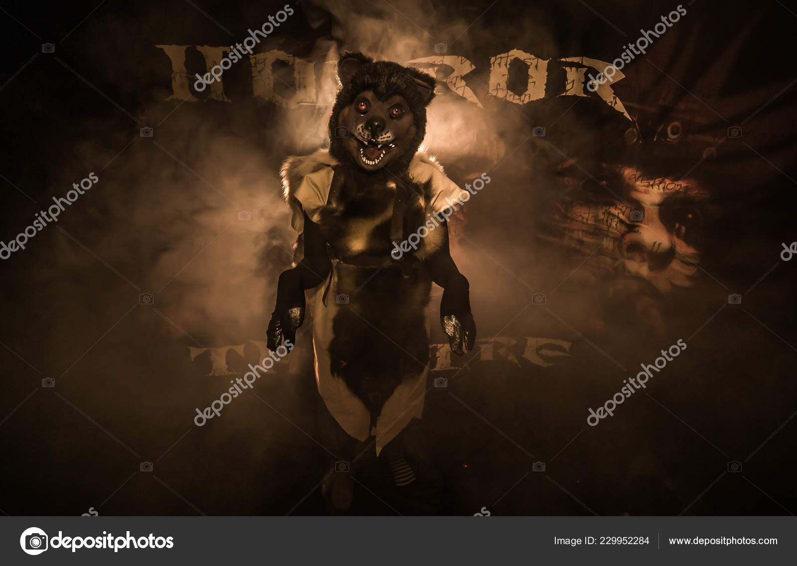 Scary Werewolf Mask Posing Camera Misty Background Stock Photo by ...