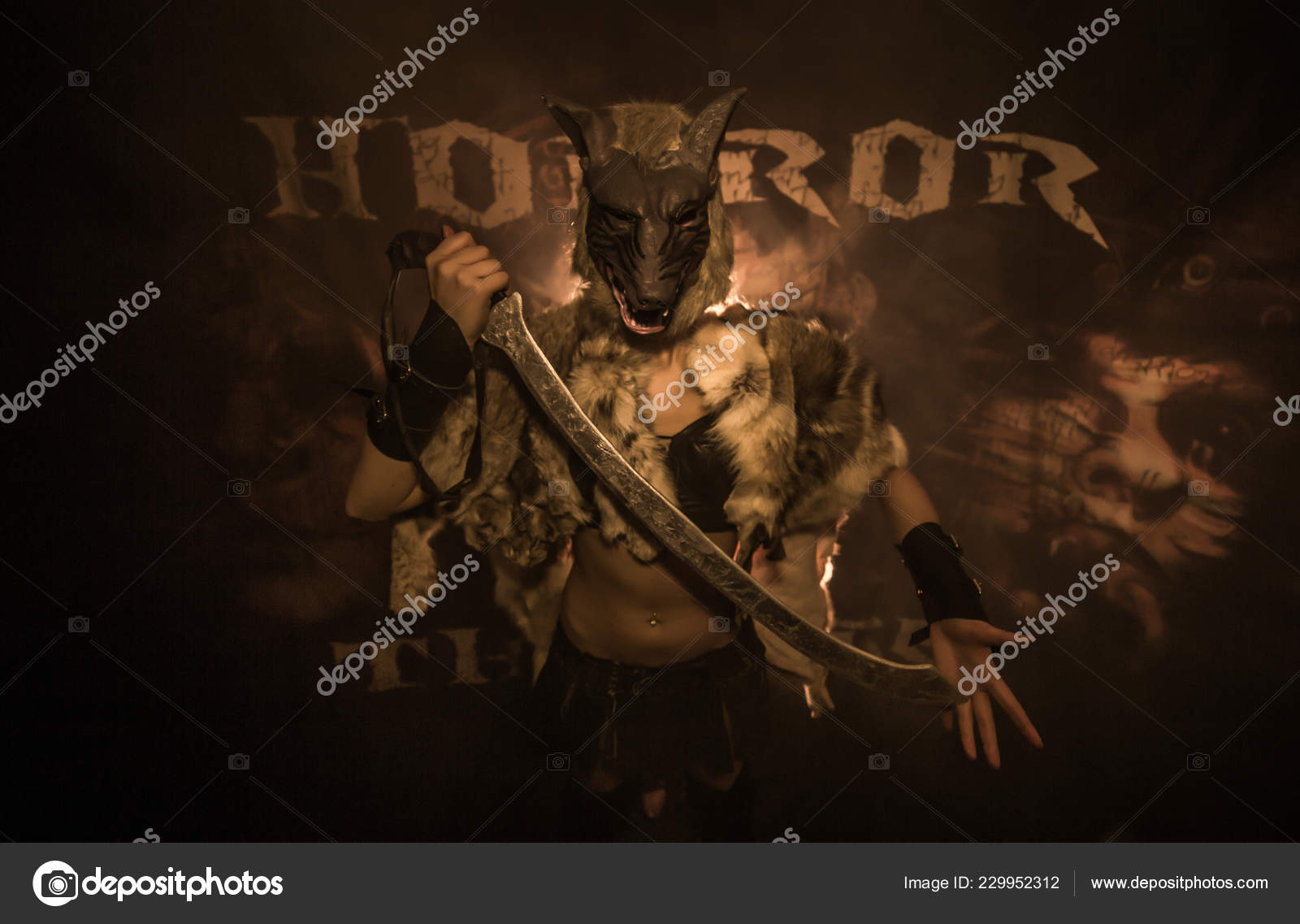 Scary Werewolf Mask Posing Camera Misty Background Stock Photo by ...