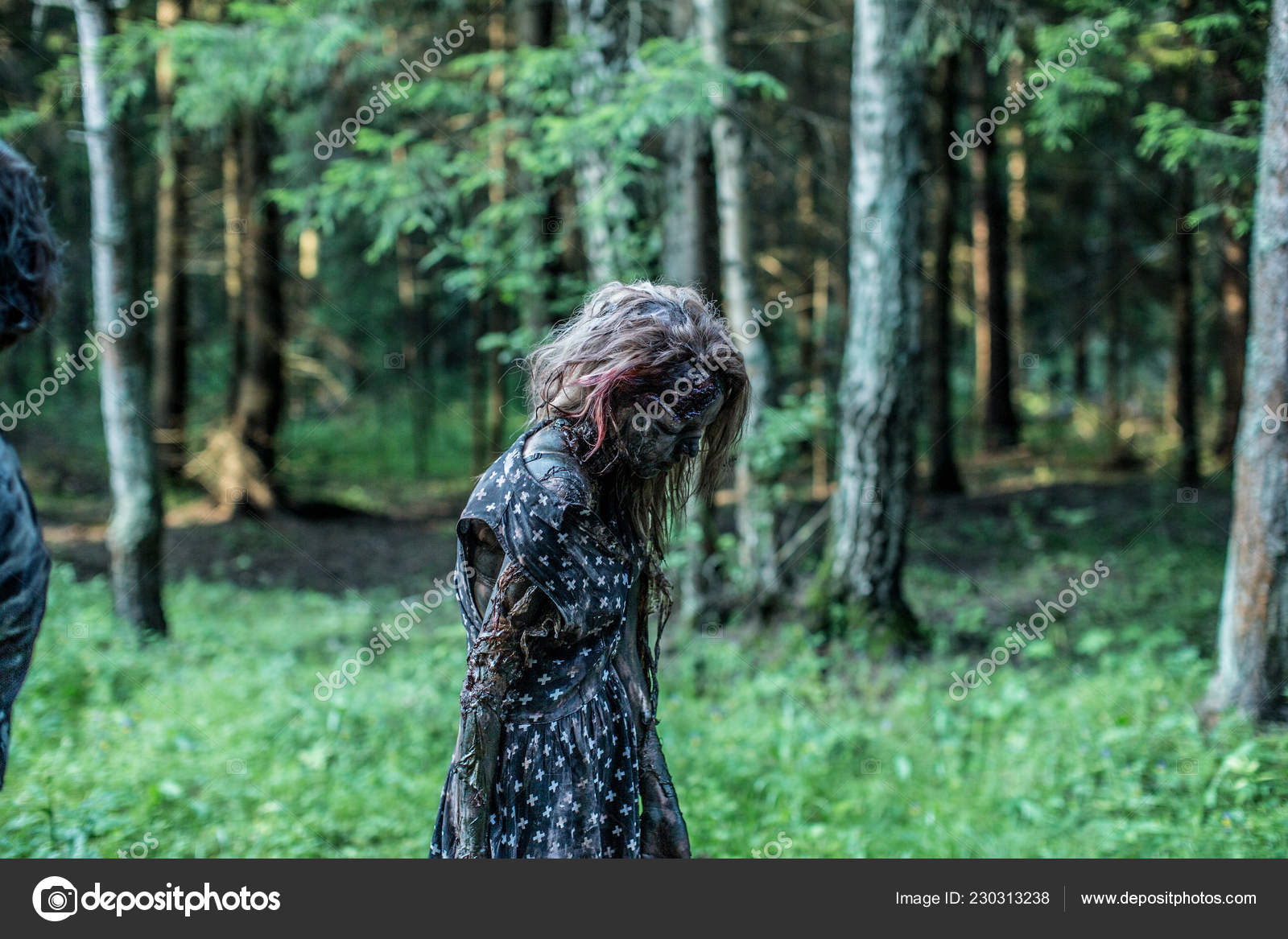 Side View Evil Zombie Woman Posing Forest Path — Stock Photo ...