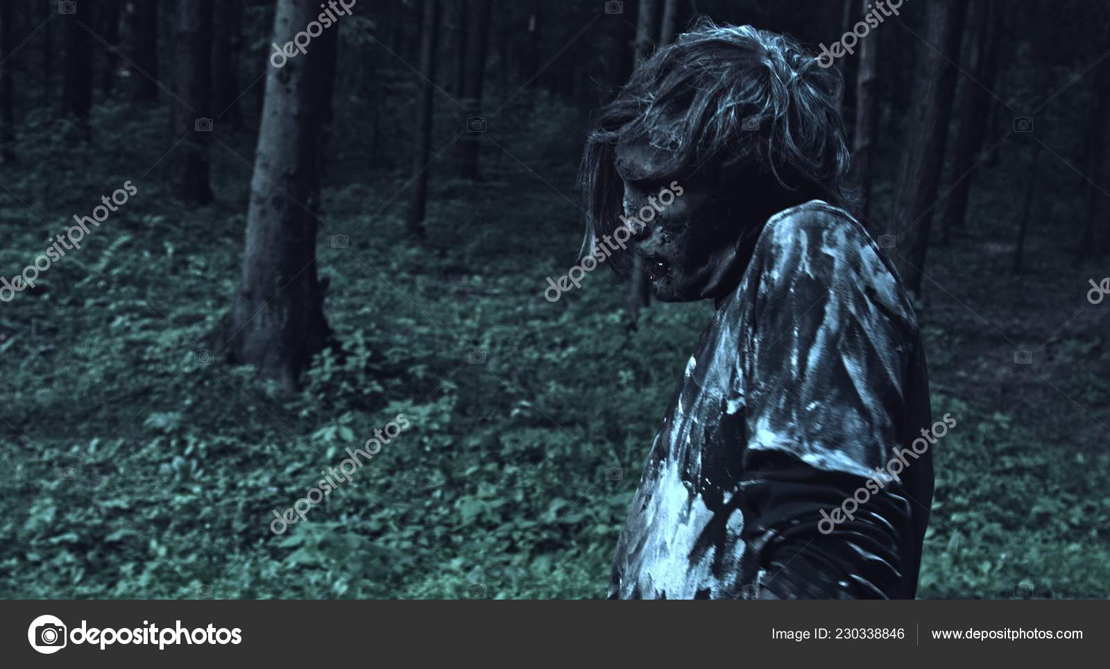 Side View Portrait Scary Zombie Man Posing Forest Path — Stock Photo ...