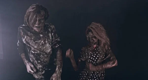 Portrait Two Zombies Posing Together Dark Background Stock Photo by ...