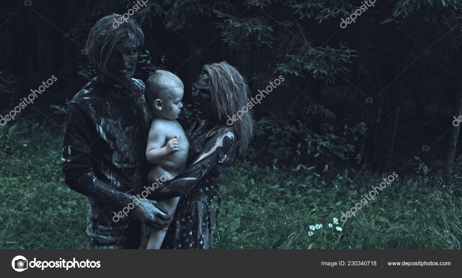 Zombie Couple Hugging Little Human Baby Forest — Stock Photo ...