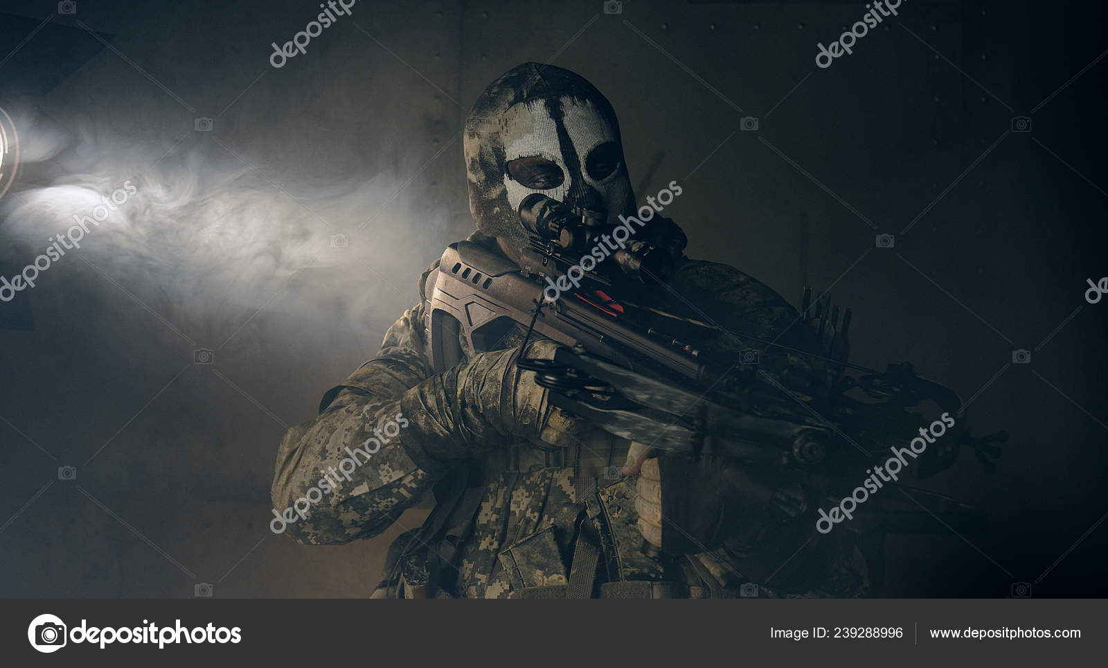 Warrior Man Mask Crossbow Posing Cold Grey Background Stock Photo by ...