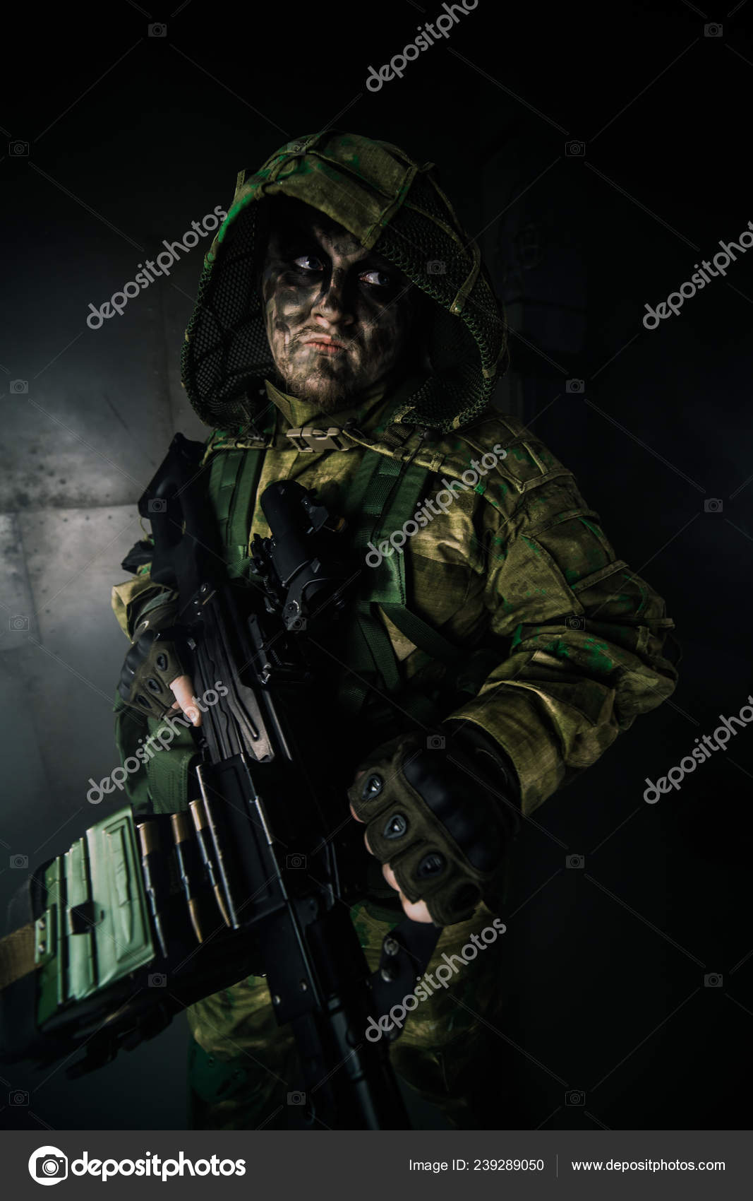 Male Warrior Camouflage Machine Gun Dark Background — Stock Photo ...