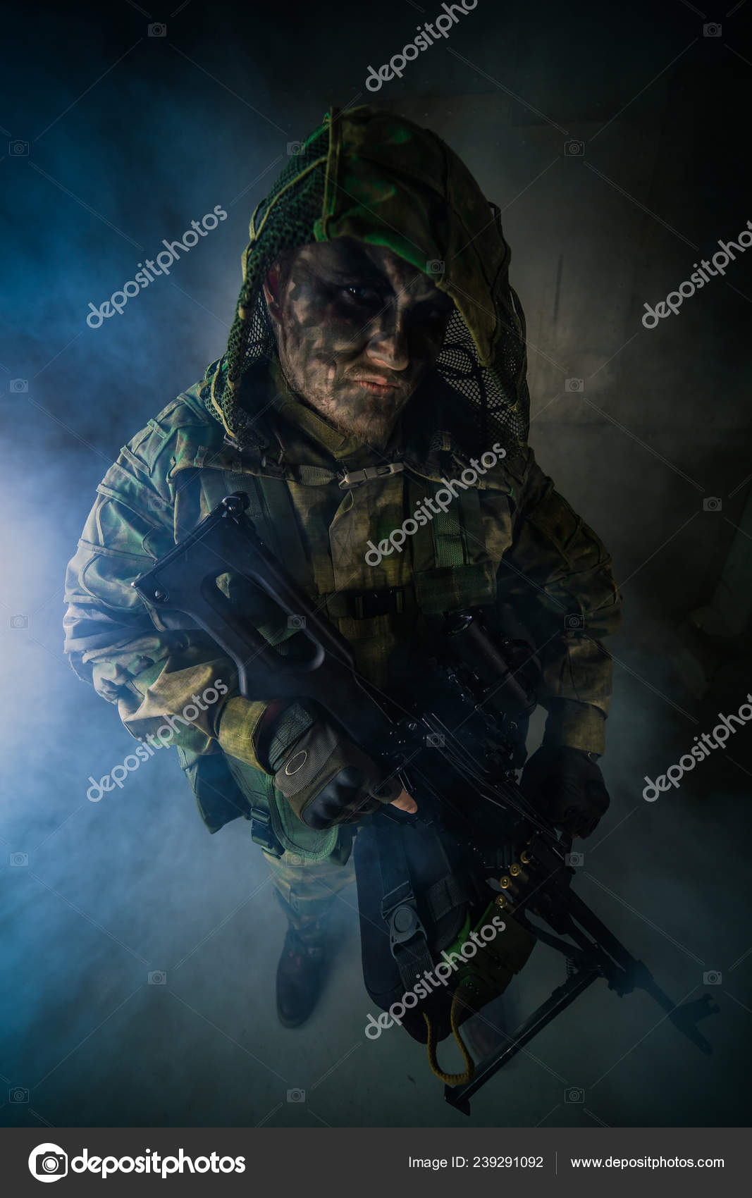 Male Warrior Camouflage Machine Gun Dark Background — Stock Photo ...
