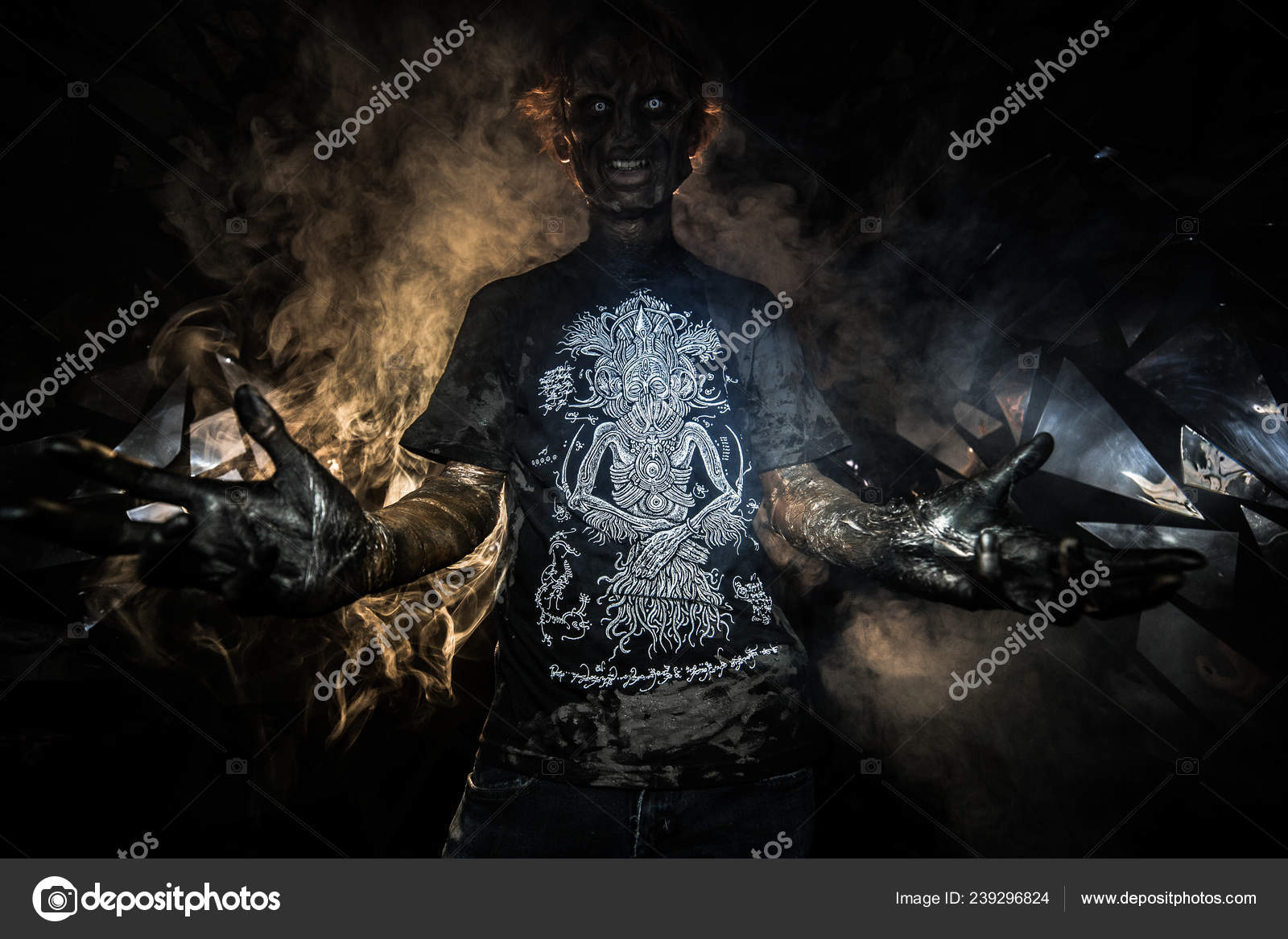 Portrait Man Demon Mask Posing Background Broken Glass — Stock Photo ...
