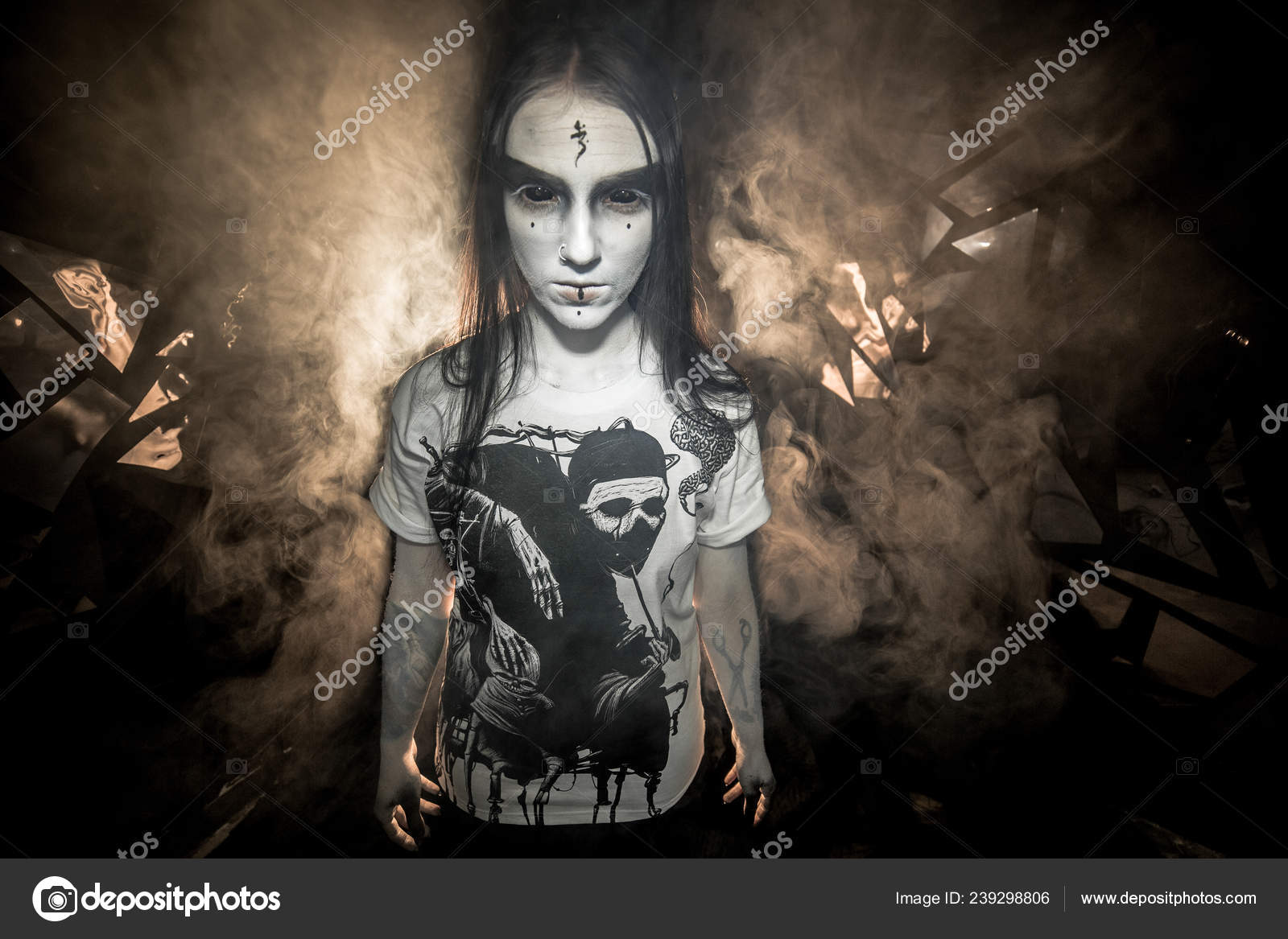 Concept Woman Possessed Demons Posing Misty Background — Stock Photo ...