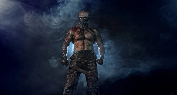 Portrait Muscular Zombie Killer Mask Covered Blood Posing Misty ...