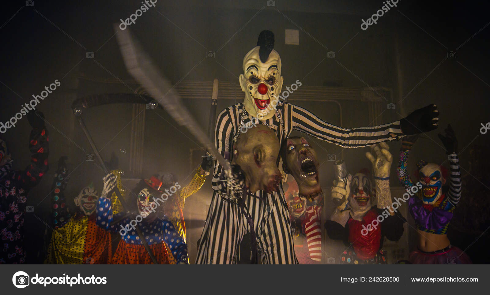 Clown Sword Cut Heads Scary Clowns Halloween Party Concept — Stock ...