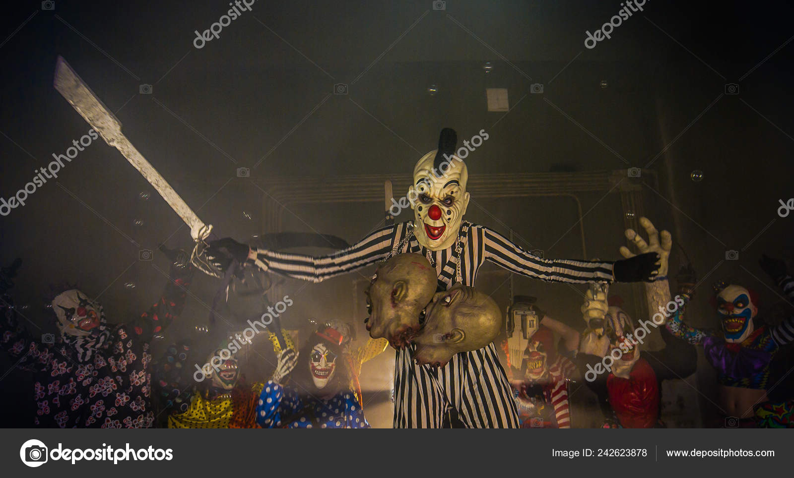 Clown Sword Cut Heads Scary Clowns Halloween Party Concept — Stock ...