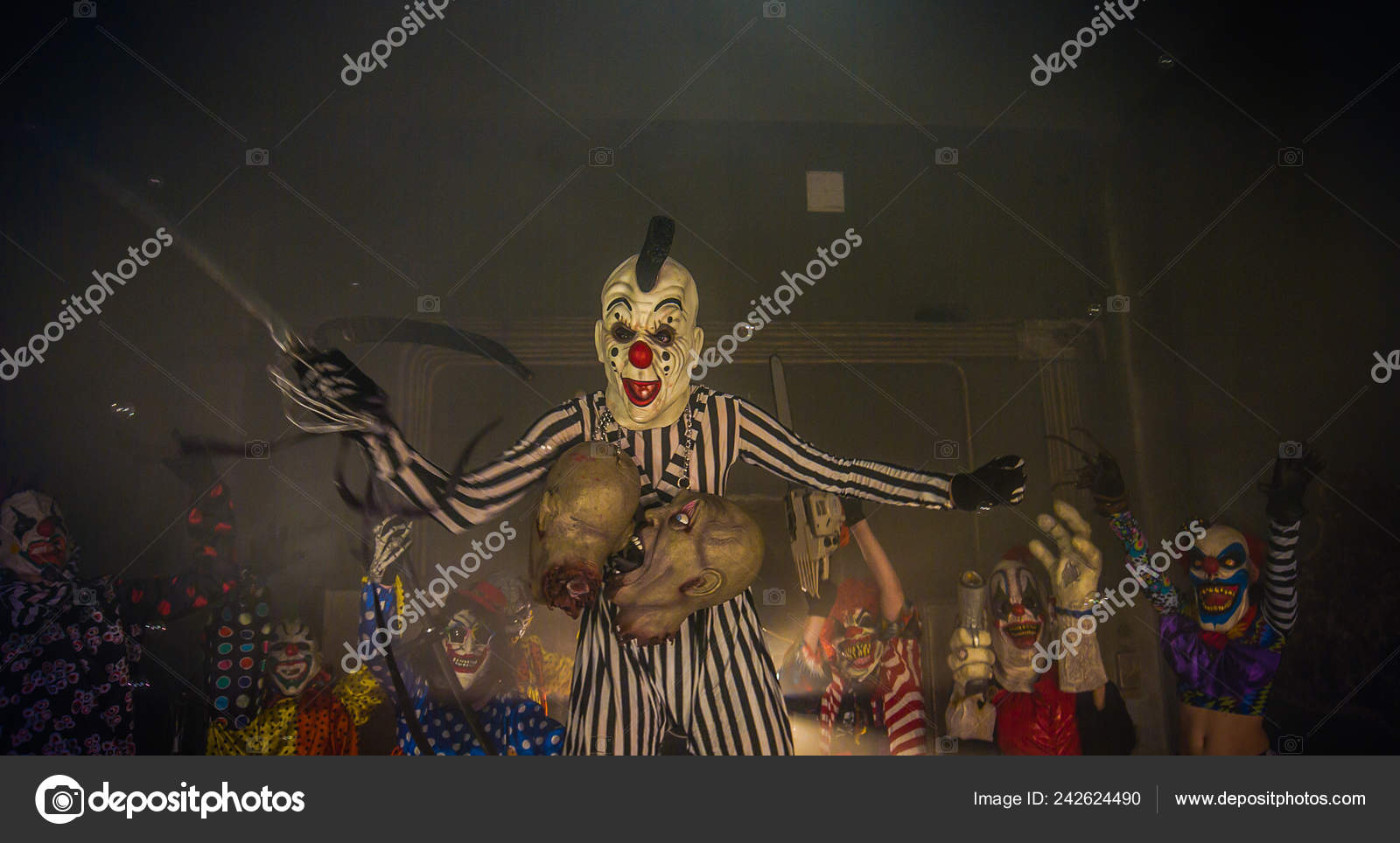 Clown Sword Cut Heads Scary Clowns Halloween Party Concept — Stock ...