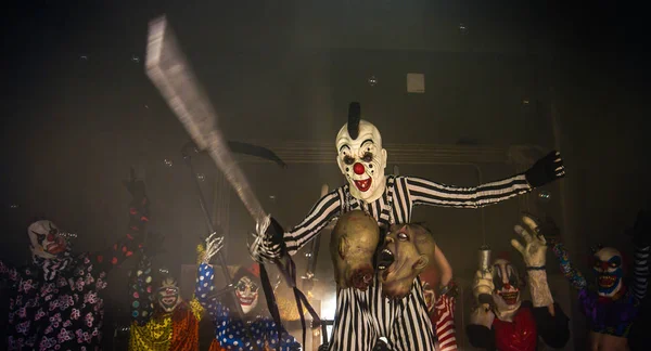 Clown Sword Cut Heads Scary Clowns Halloween Party Concept Stock Photo ...