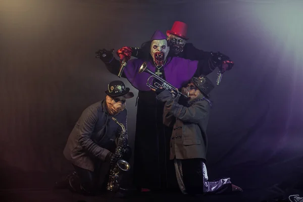 Clowns People Pig Costumes Posing Musical Instruments Together Dark ...