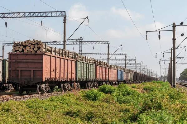 Railway tracks, wagons loaded with logs on rails. - Stock Image ...