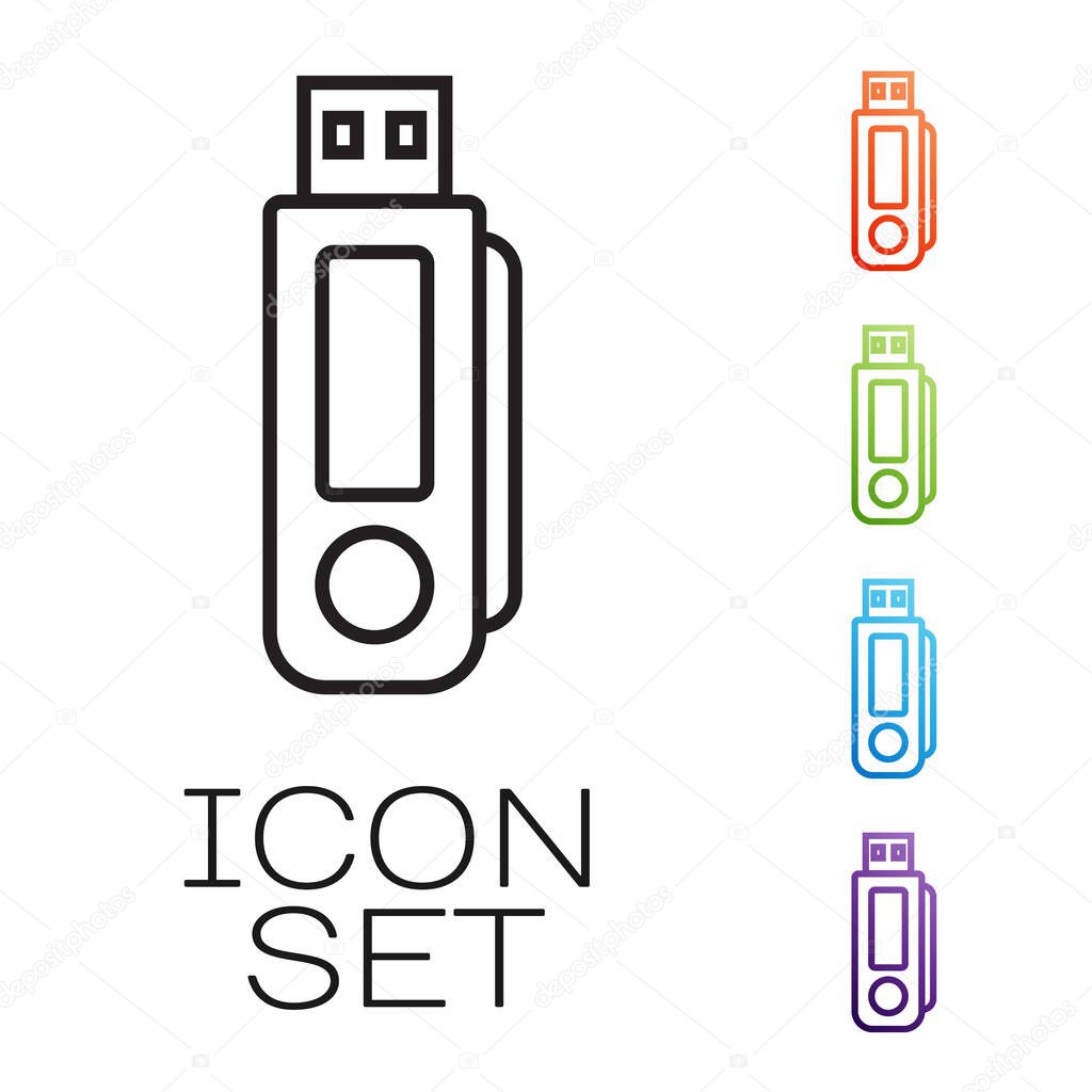Icono de unidad flash USB de línea negra aislado sobre fondo blanco. Establecer iconos de ...