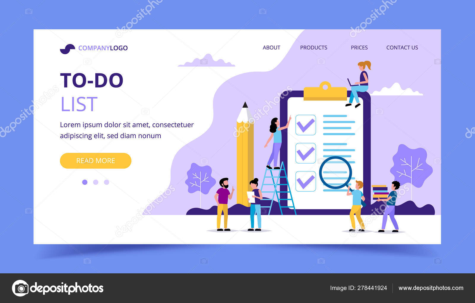 To do list landing page. Big page with check marks and pencil. Concept ...