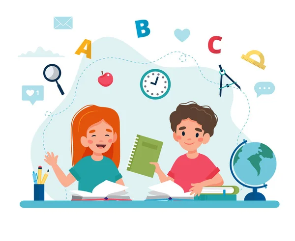 Happy cute little kids boy and girl study with teacher Stock Vector ...