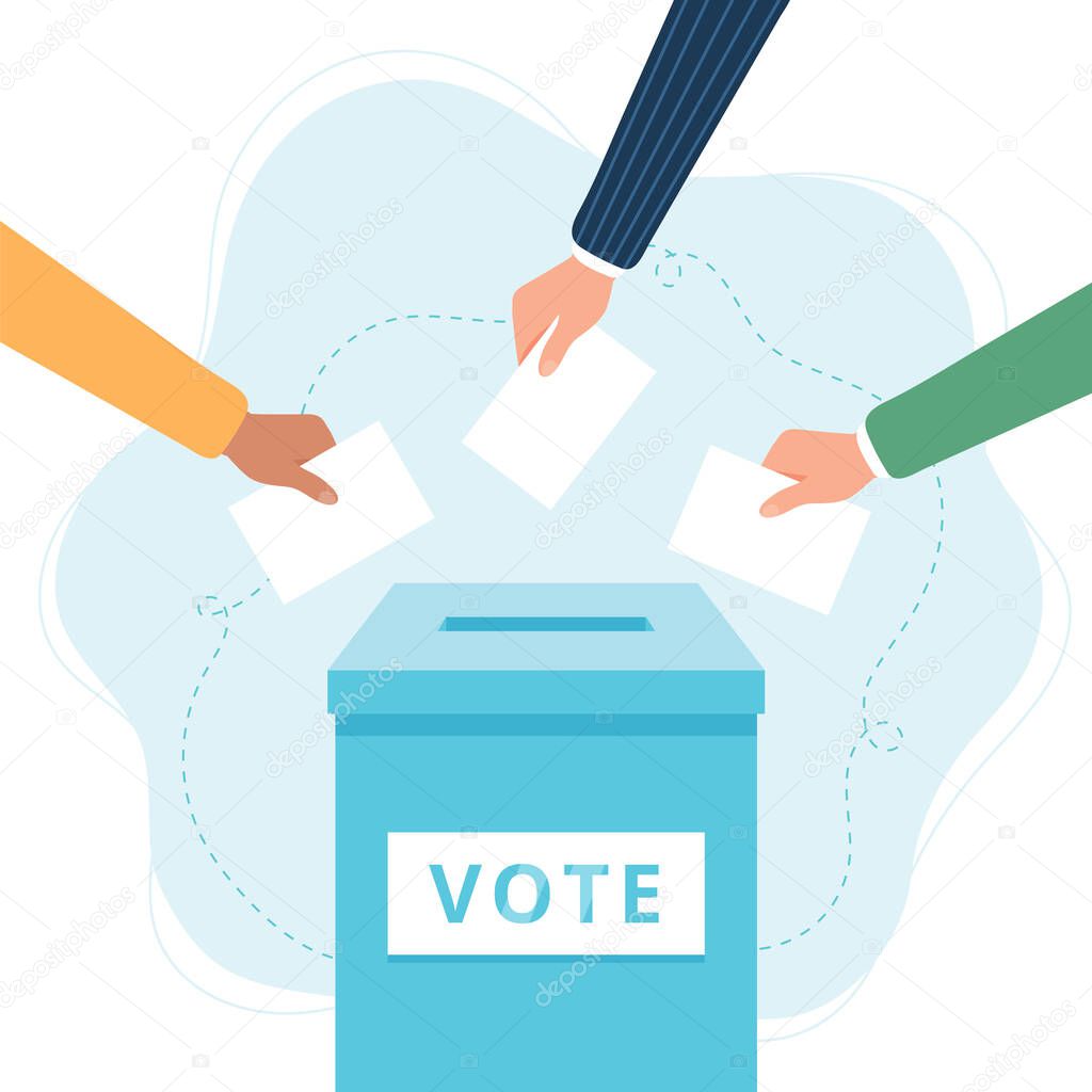 Voten las urnas. Las manos poniendo votos en la caja. Concepto ...