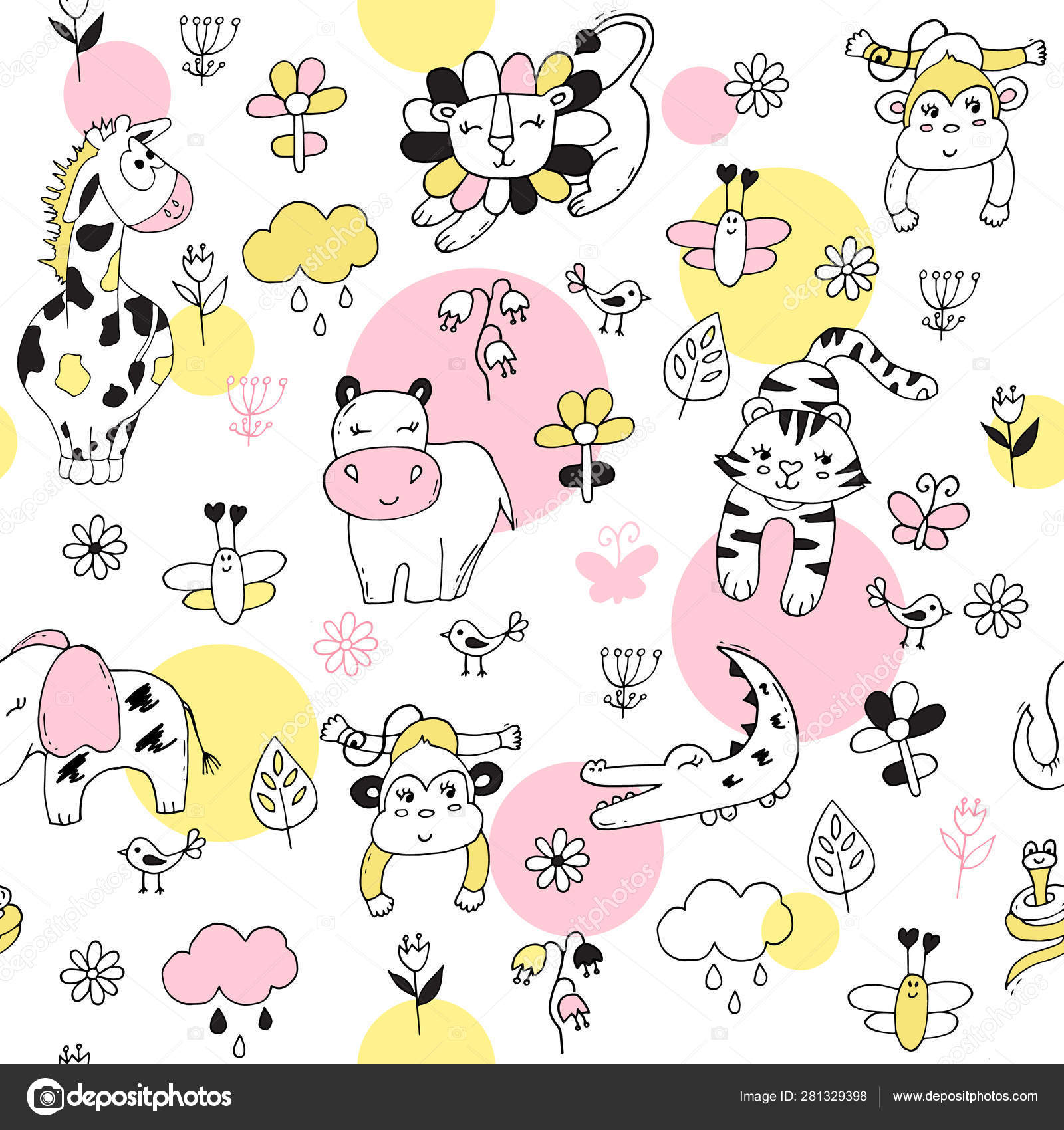 Cute seamless pattern with tropical animals on pink background. Stock ...
