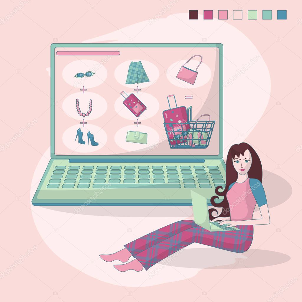 Ilustración vectorial de una chica hace una compra a través de Internet ...