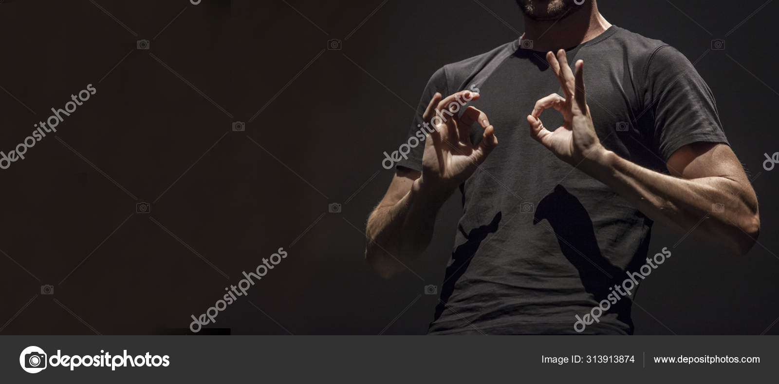 Sign language man interpreter gestures over stage during public — Stock ...