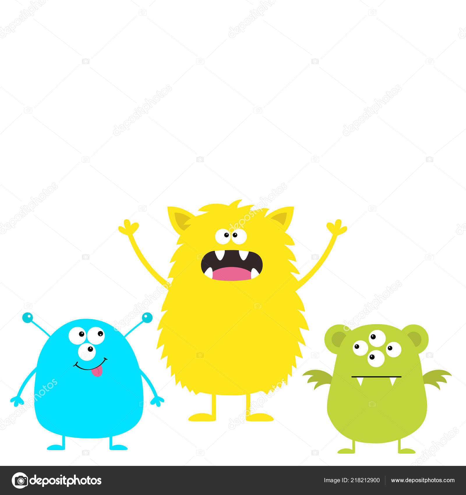 Three Colorful Monster Set Head Face Cute Cartoon Scary Character Stock ...