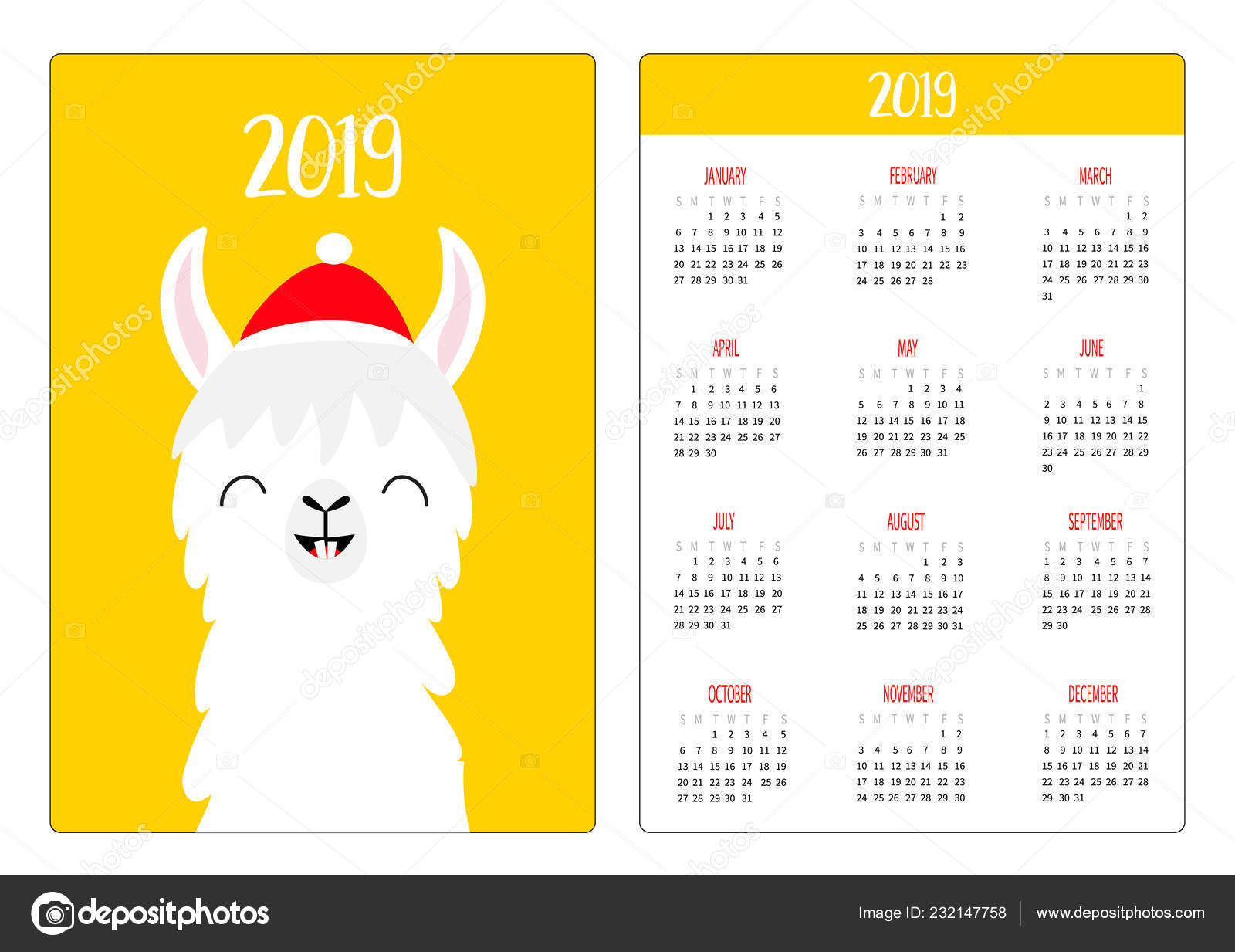 Alpaca Llama Face Head Red Hat Scarf Pocket Calendar Layout Stock ...