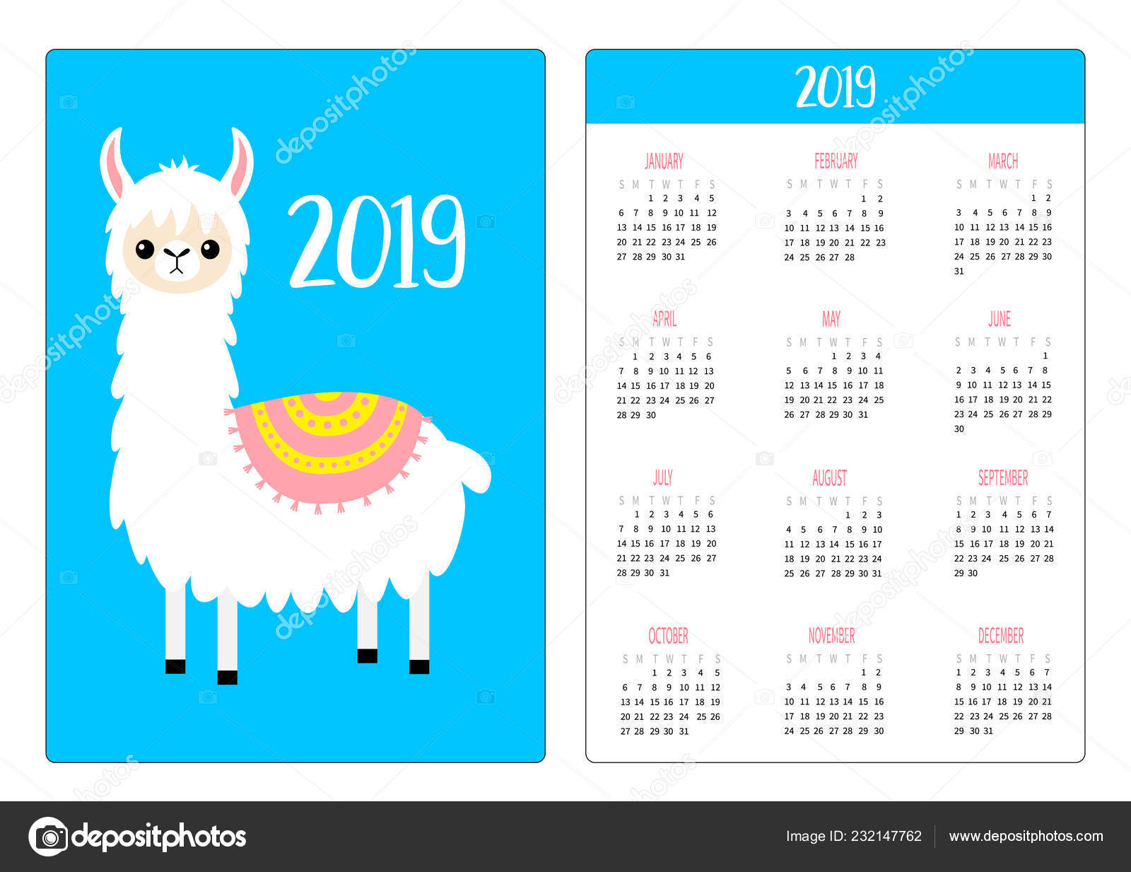 Cute Alpaca Llama Simple Pocket Calendar Layout 2019 New Year Stock ...
