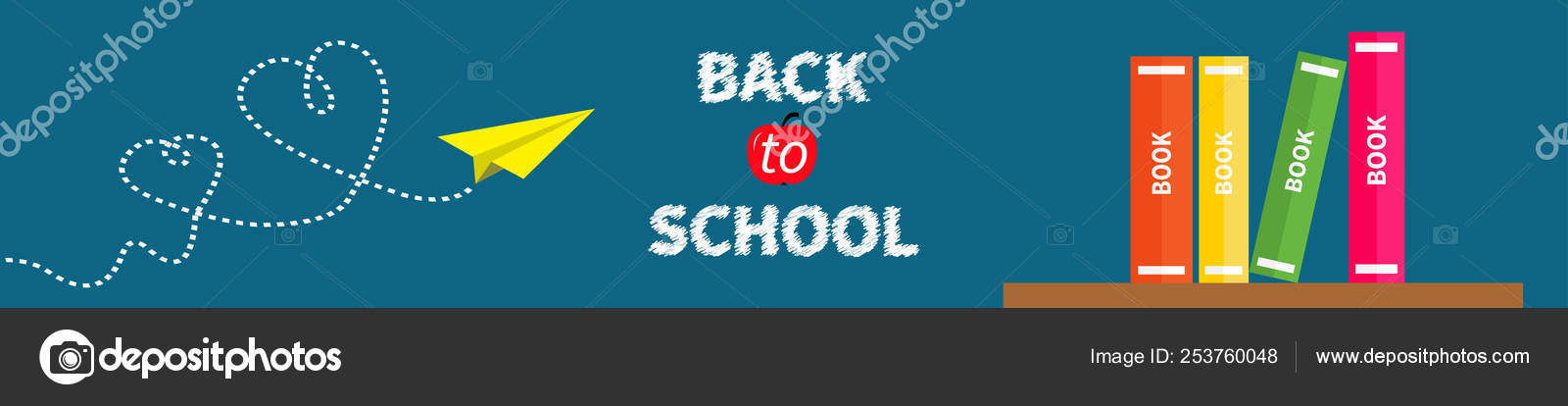 Back to school. Book shelf with four books blue background. Flying ...