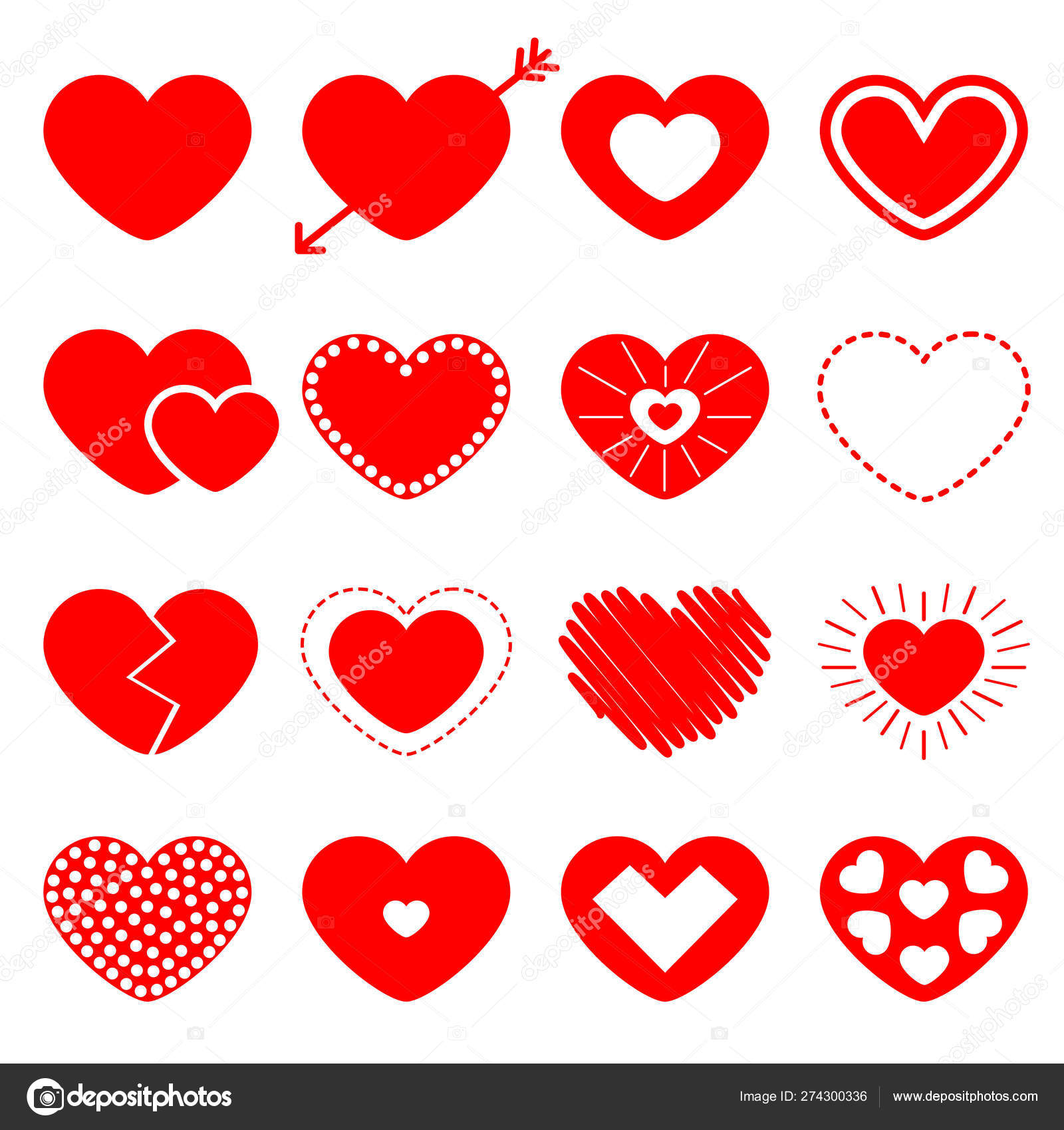 Red heart big icon set. Happy Valentines day sign symbol template. Different shape. Arrow, dash ...
