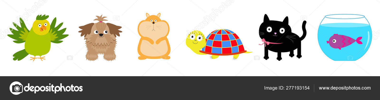 Cat, dog, fish, hamster, parrot, turtle. Pet line set. Cute cartoon ...