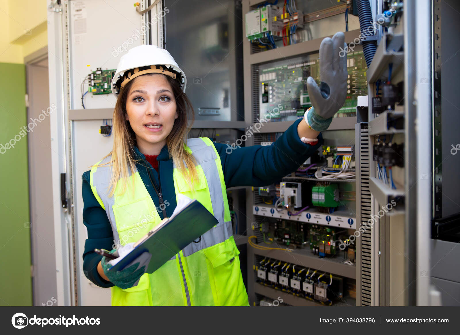 Young Businesswoman Standing Front Control Panel Control Room — Stock ...