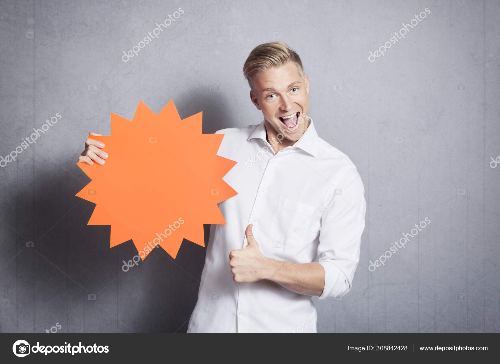 Man giving thumbs up at blank panel promoting sales. Stock Photo by ...
