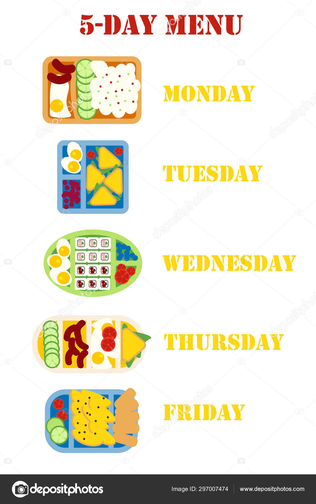 5-day menu. School lunch boxes set, isolated vector illustration ...