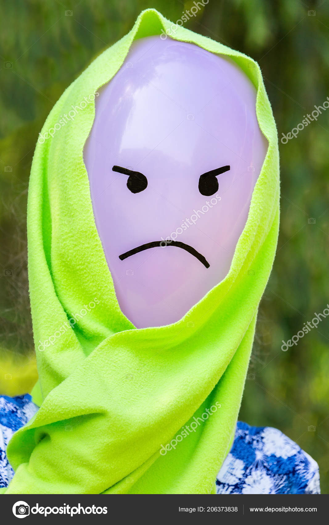 Balloon Head Angry Facial Expression Wearing Green Shawl — Stock Photo ...