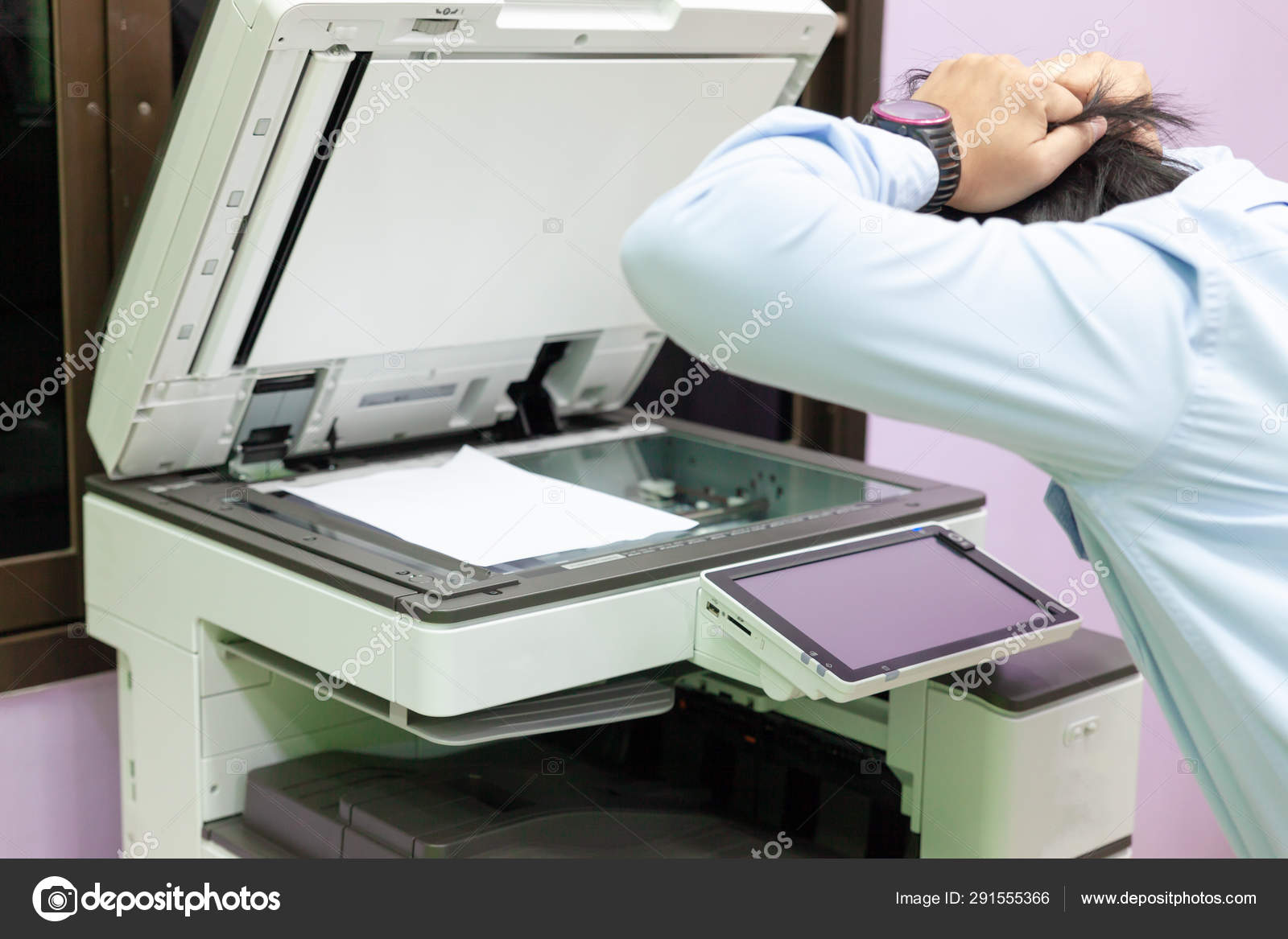 Men press the button of the copier. Man copying paper from Photo ...