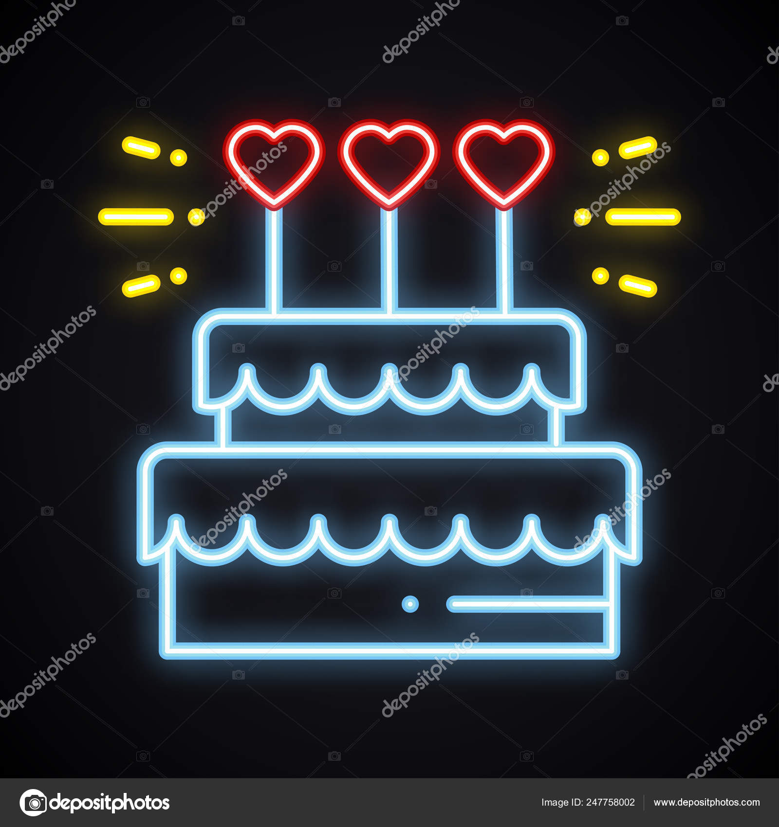 Sinal de bolo de néon com velas cardíacas. Sobremesa de torta de doces ...