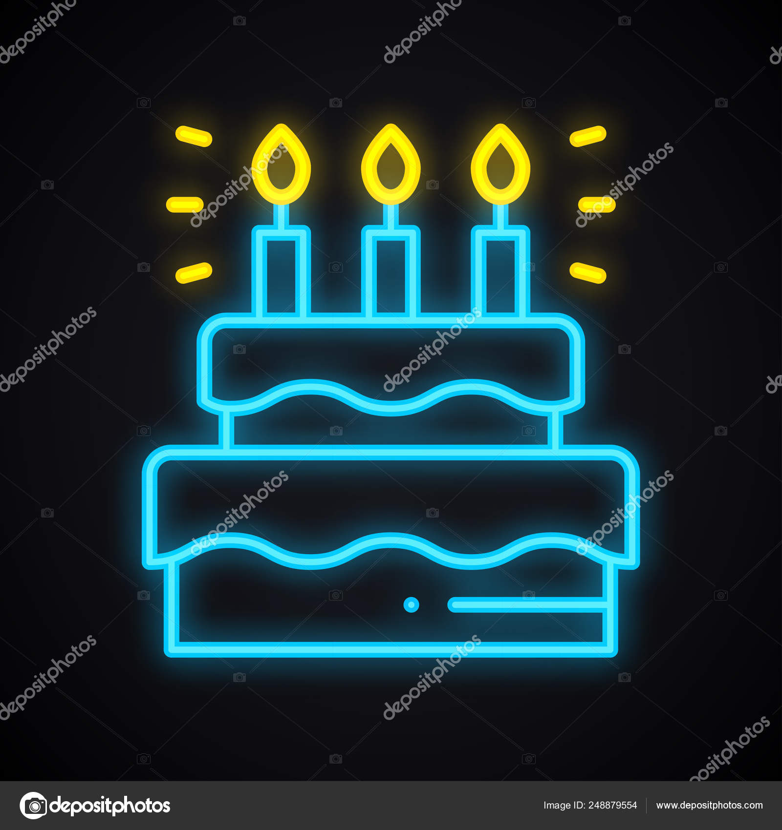 Neon cake sign with candles. Light sweets pie dessert. Glowing happy ...
