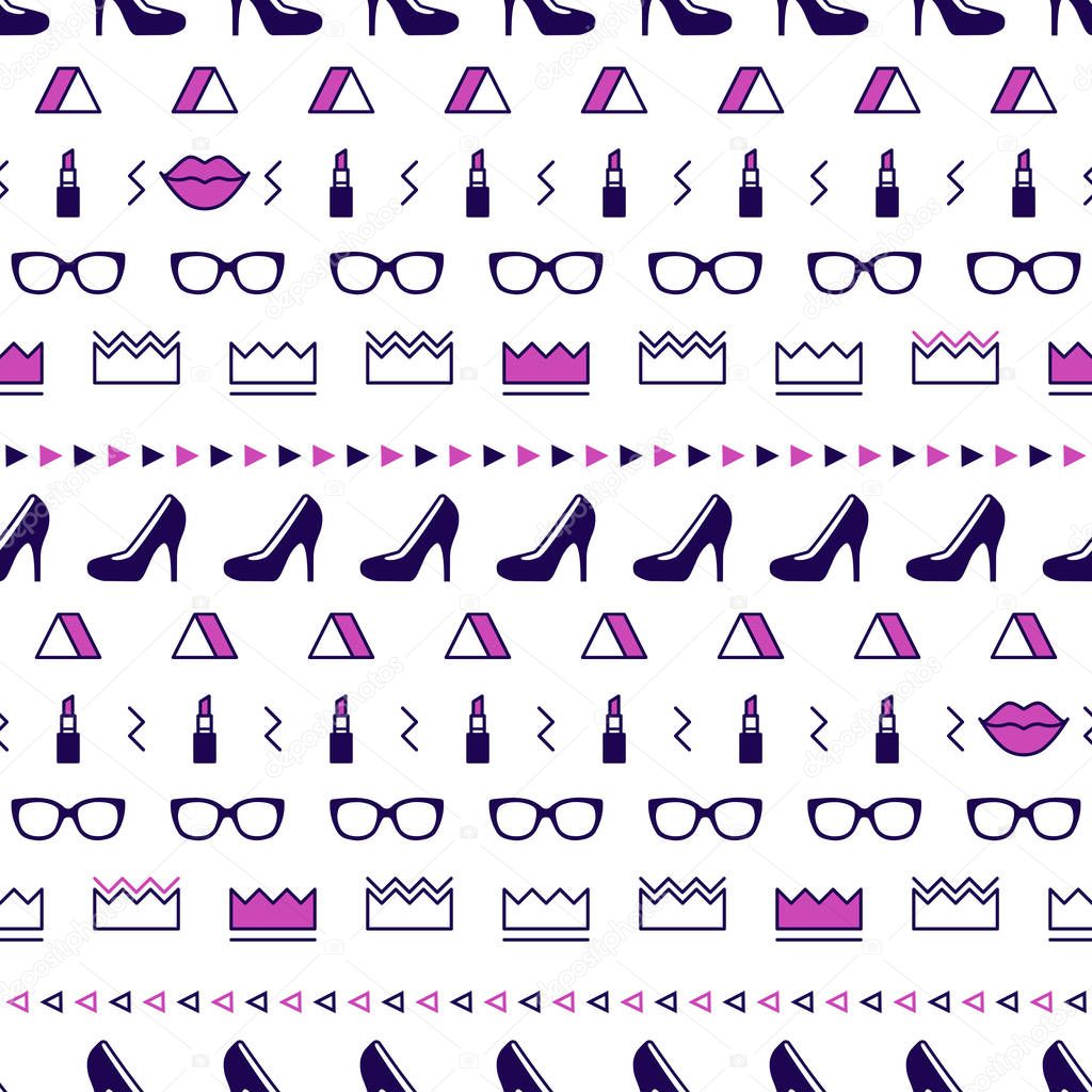 Patrón de accesorios de moda con zapatos de tacón alto negro, labios ...