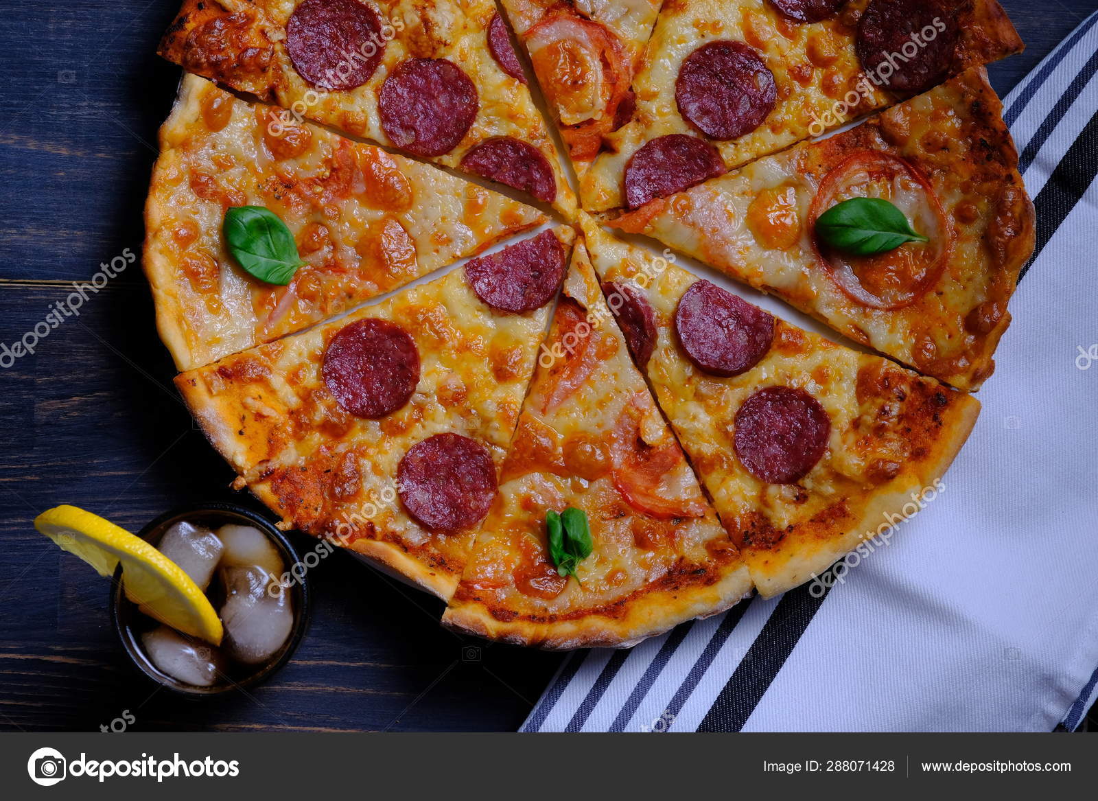 Pepperoni Margarita Two Pizzas Together Cola Wooden Table Stock Photo ...