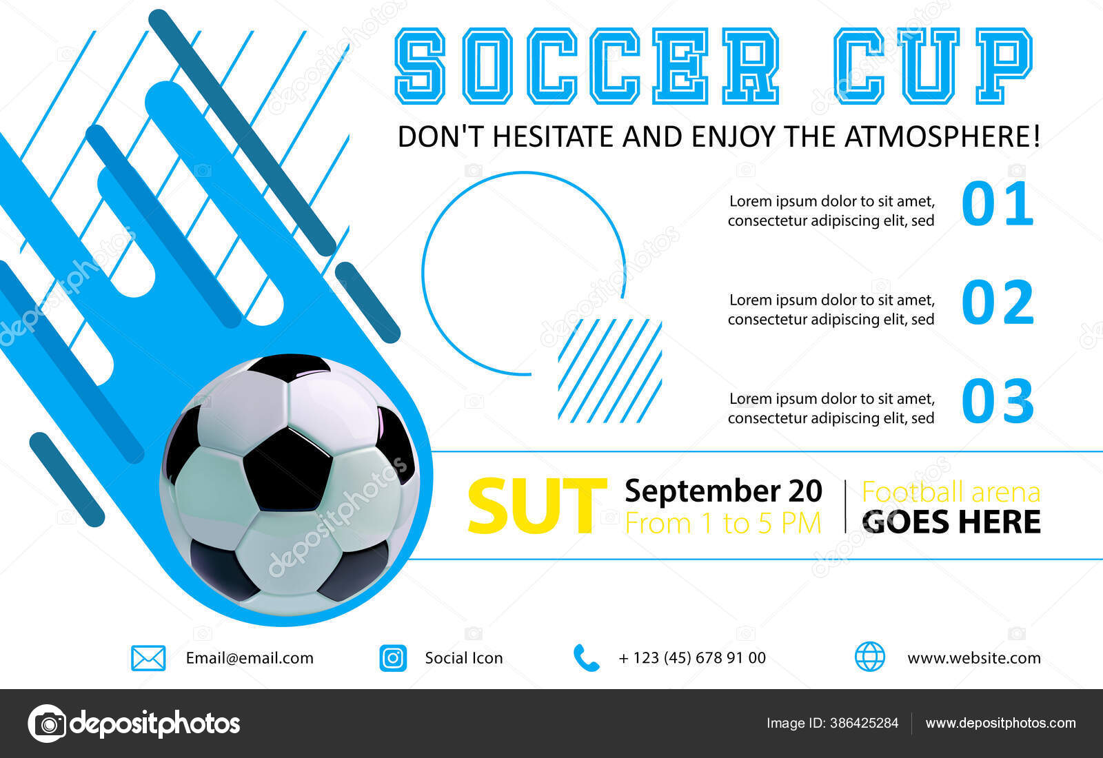 Football flyer, ticket or banner background. Soccer or football ball on ...