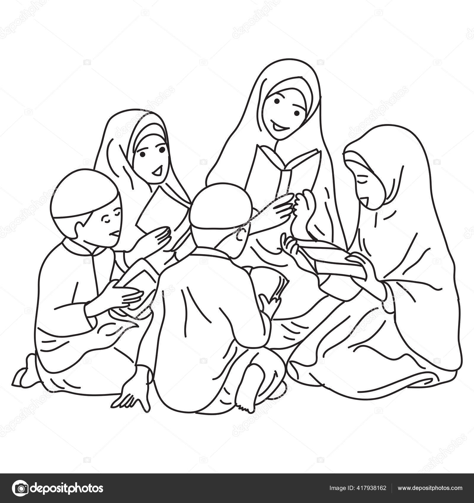 Hand Drawn Santri Muslim Students Studying Together Teacher Vector ...