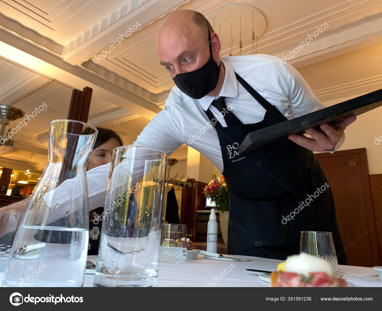 Employee Restaurant Wearing Protective Mask Serves Customers ...