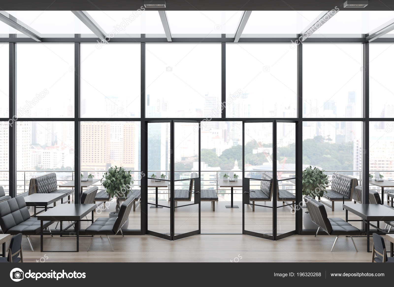 Side View Glass Roof Restaurant Wooden Floor Tables Black Sofas Stock ...