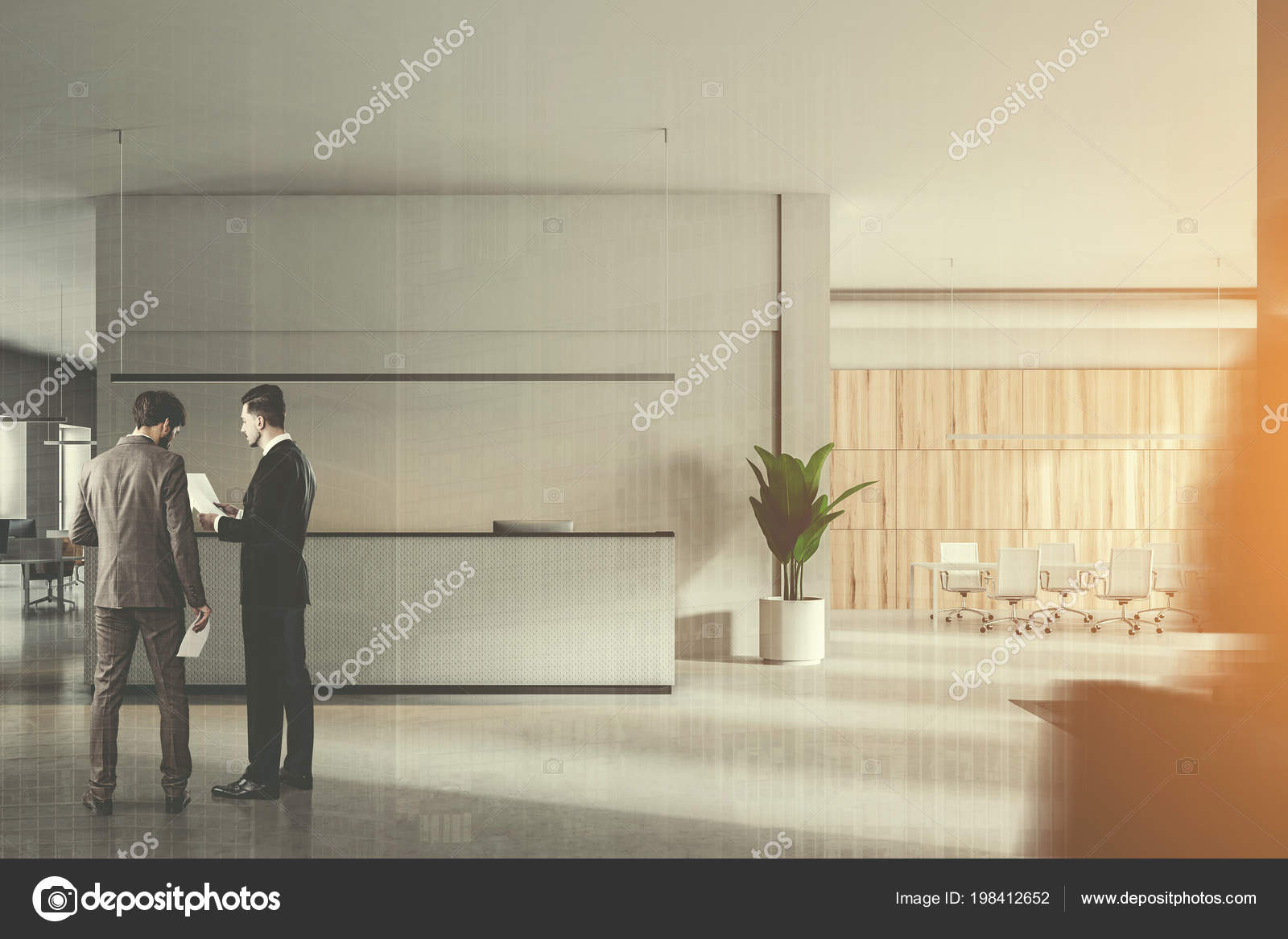 Front View White Reception Desk Standing Concrete Floor Modern Office ...