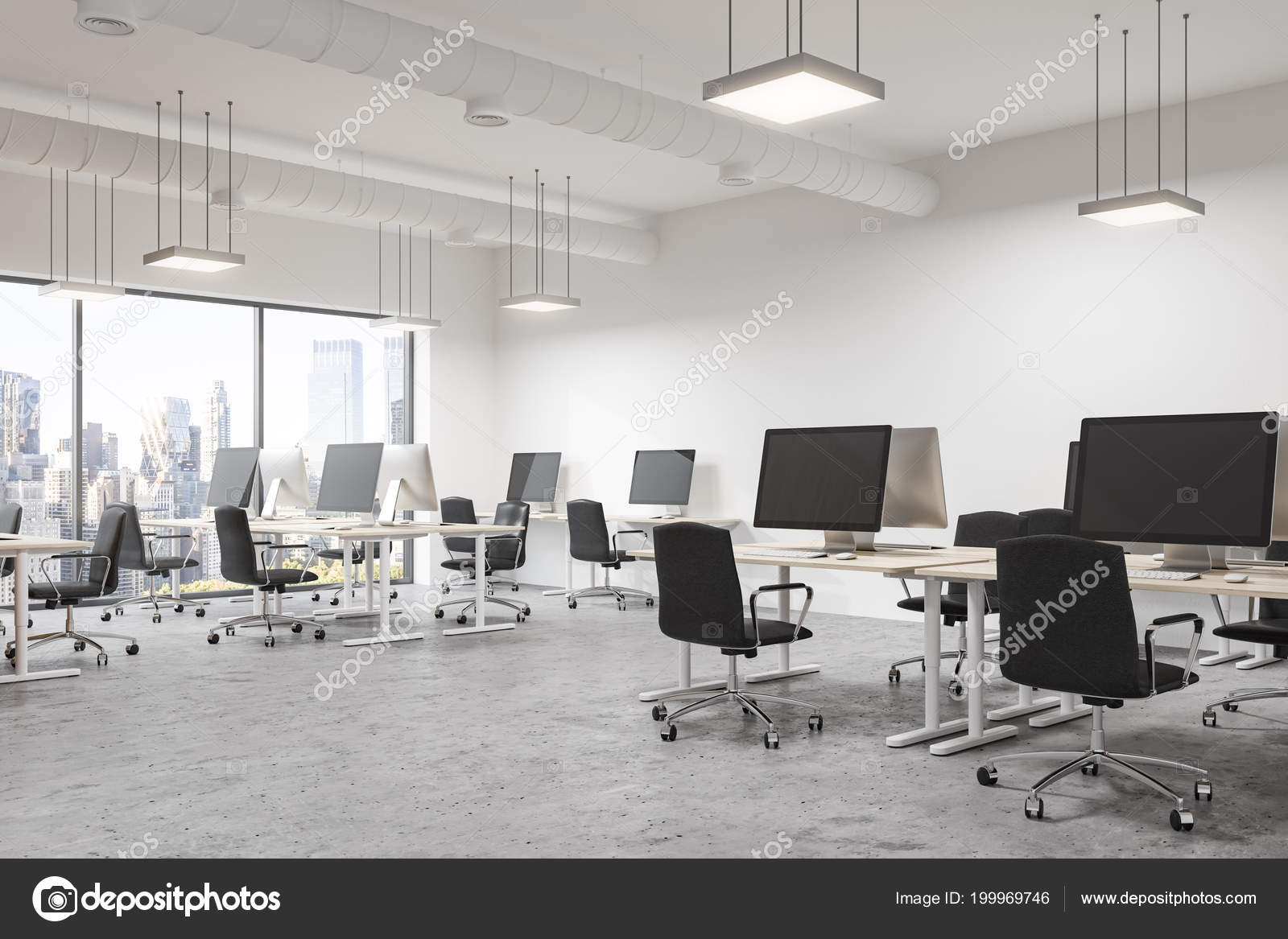 Side View Modern Office Interior White Metal Walls Panoramic Window ...