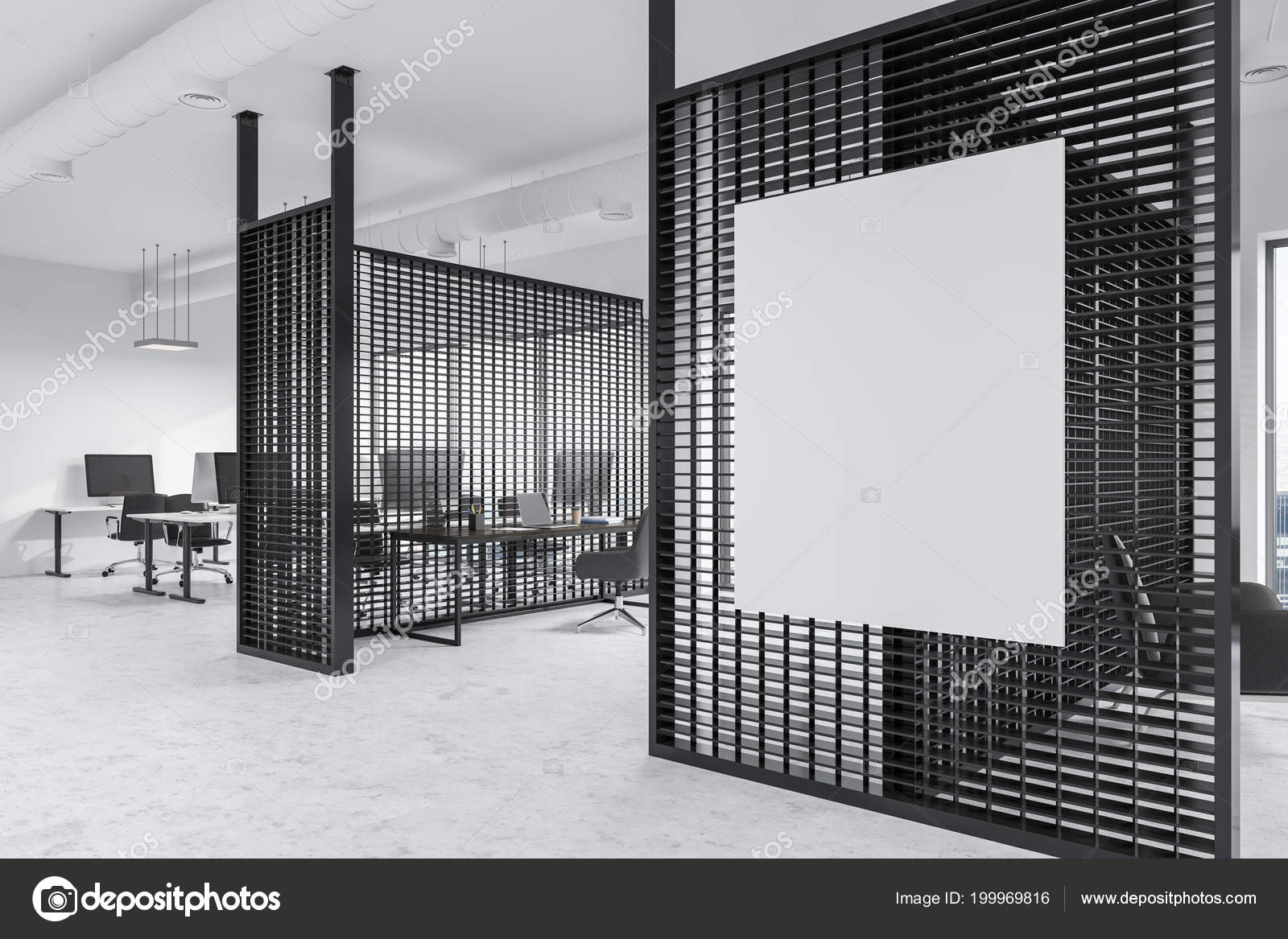 Side View Modern Office Interior White Metal Walls Panoramic Window ...